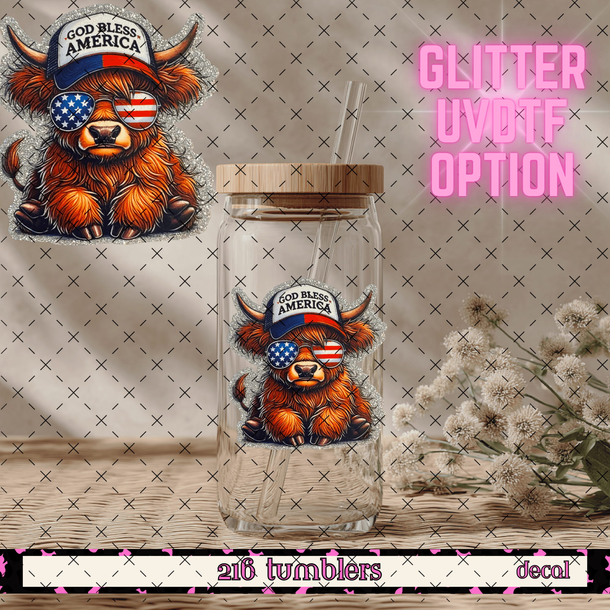 GLITTER UVDTF HIGHLAND COW AMERICAN BOY – 216 Tumblers